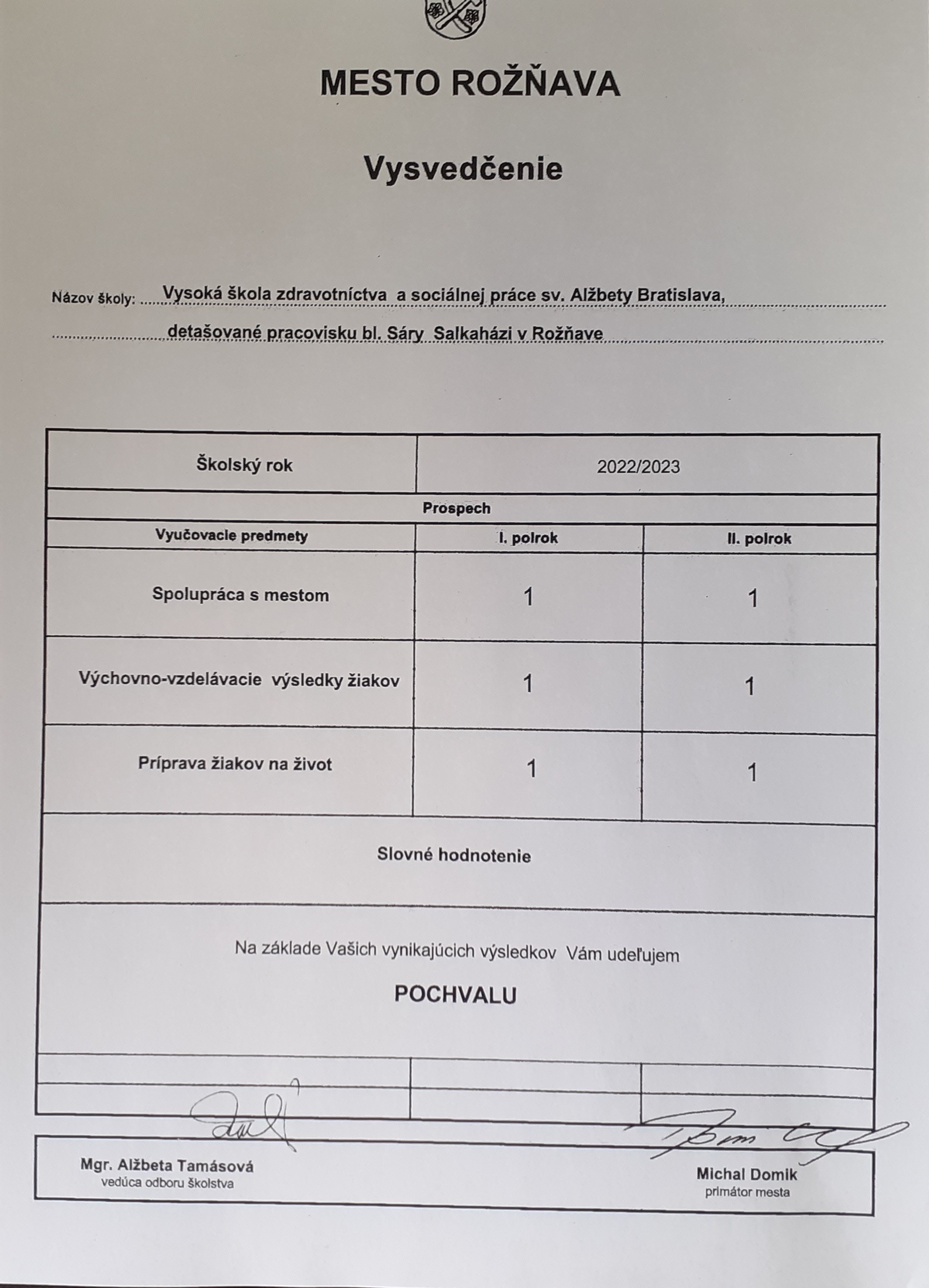 Uznanie od mesta Rožňava – Vysoká škola zdravotníctva a sociálnej práce ...